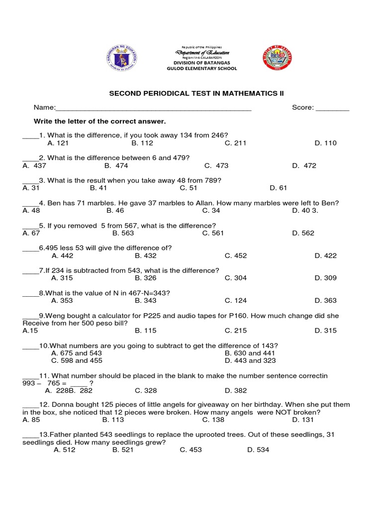 Kto12 Periodic Test in Math | PDF | Subtraction | Multiplication