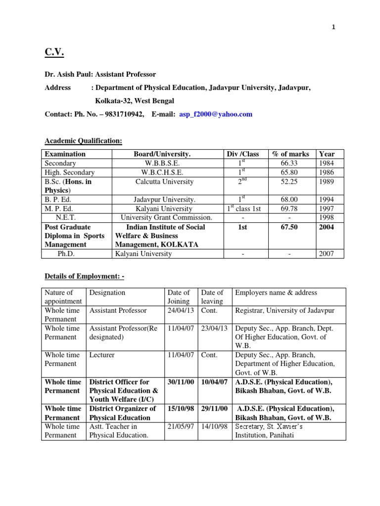 Resume of Asish Paul | PDF | Kolkata | Physical Education