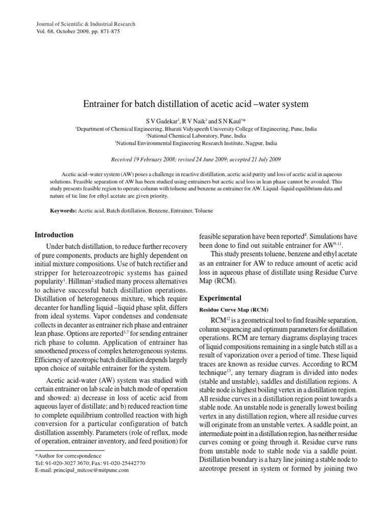 Batch distillation of acetic acid-water system using entrainers | PDF ...