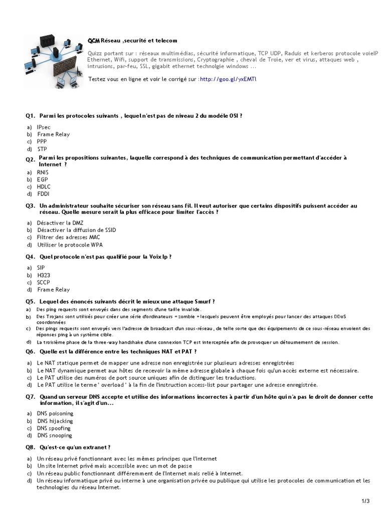 QCM Reseau Securité Et Telecom | PDF | Système de noms de domaines ...
