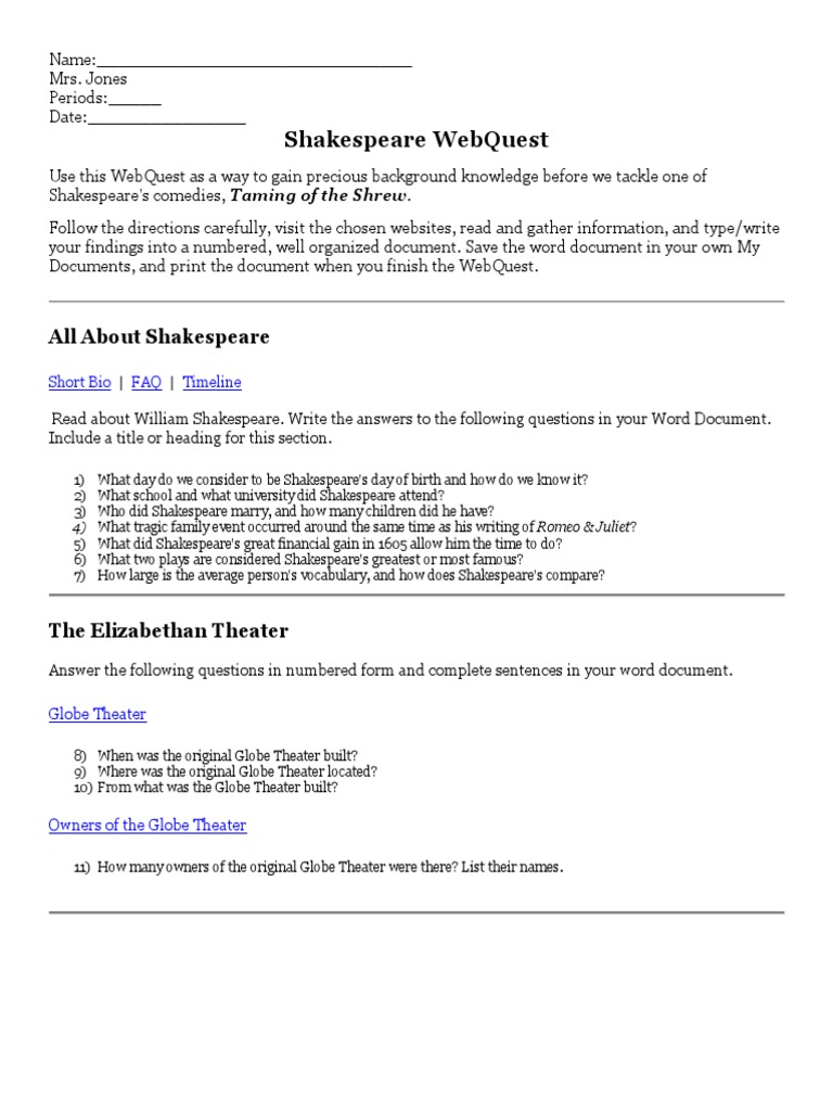 Shakespeare WebQuest for Students | PDF | William Shakespeare | Engagement