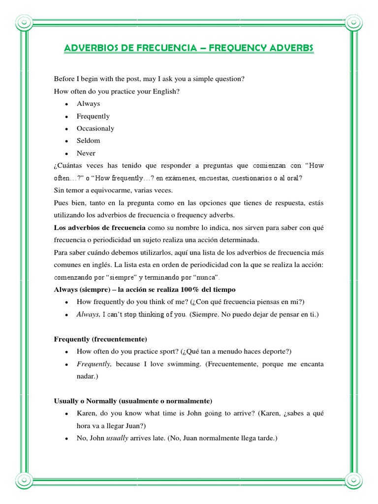 Adverbios de Frecuencia Ingles | Verbo | Adverbio