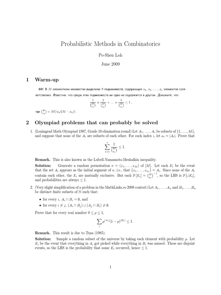 Probabilistic Methods in Combinatorics: 1 Warm-Up | Download Free PDF | Expected Value | Vertex ...