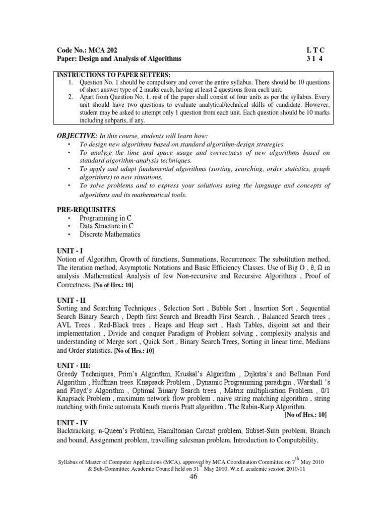 Code No.: MCA 202 LTC Paper: Design and Analysis of Algorithms 3 1 4 | PDF | Unified Modeling ...
