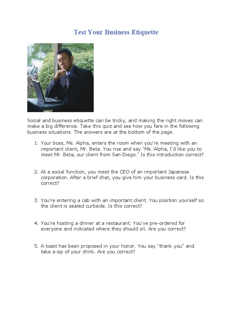 Business Etiquette Quiz | PDF | Restaurants