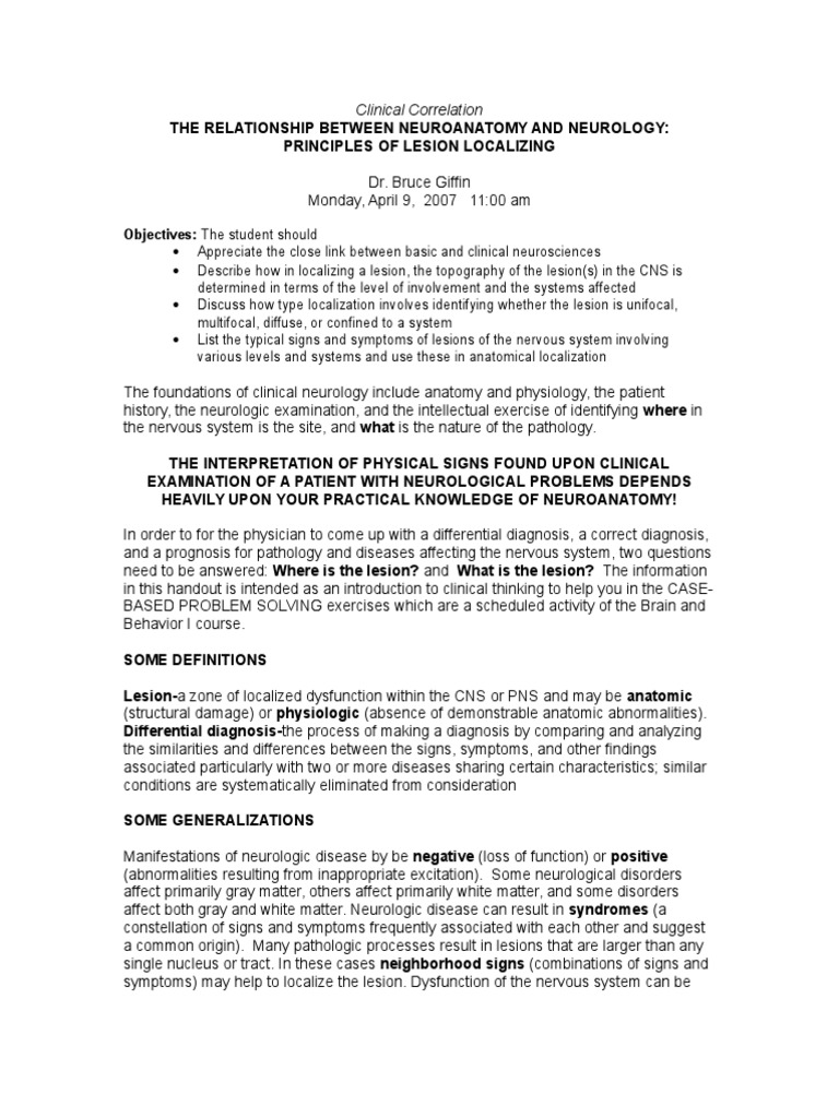 10 - Prinicples of Lesion Localizing | PDF | Neurological Disorders ...