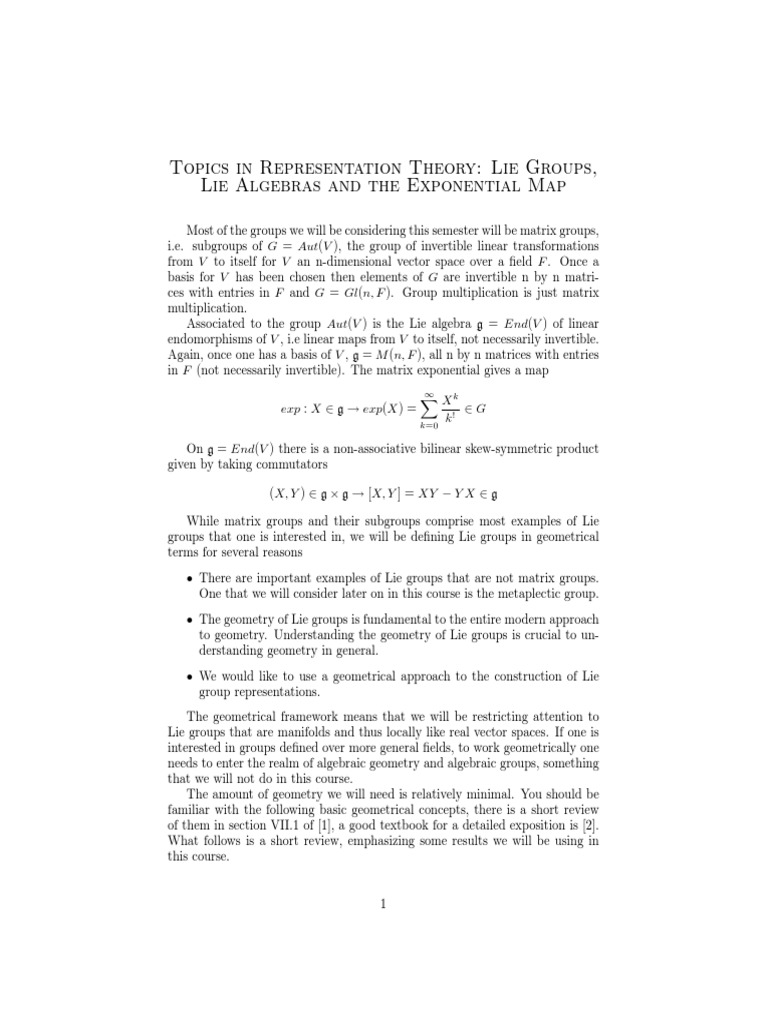 Topics in Representation Theory: Lie Groups, Lie Algebras and The ...
