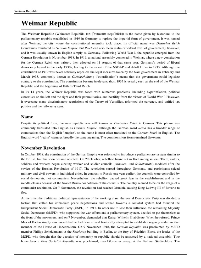 Weimar Republic: The Democratic Republic of Germany 1919-1933 | PDF ...