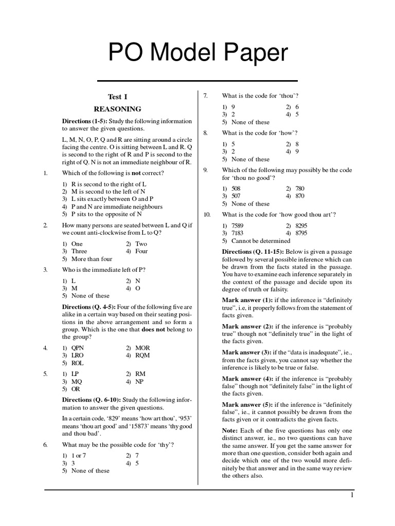 PO Model Paper: Test I Reasoning | PDF | Literacy | World Wide Web