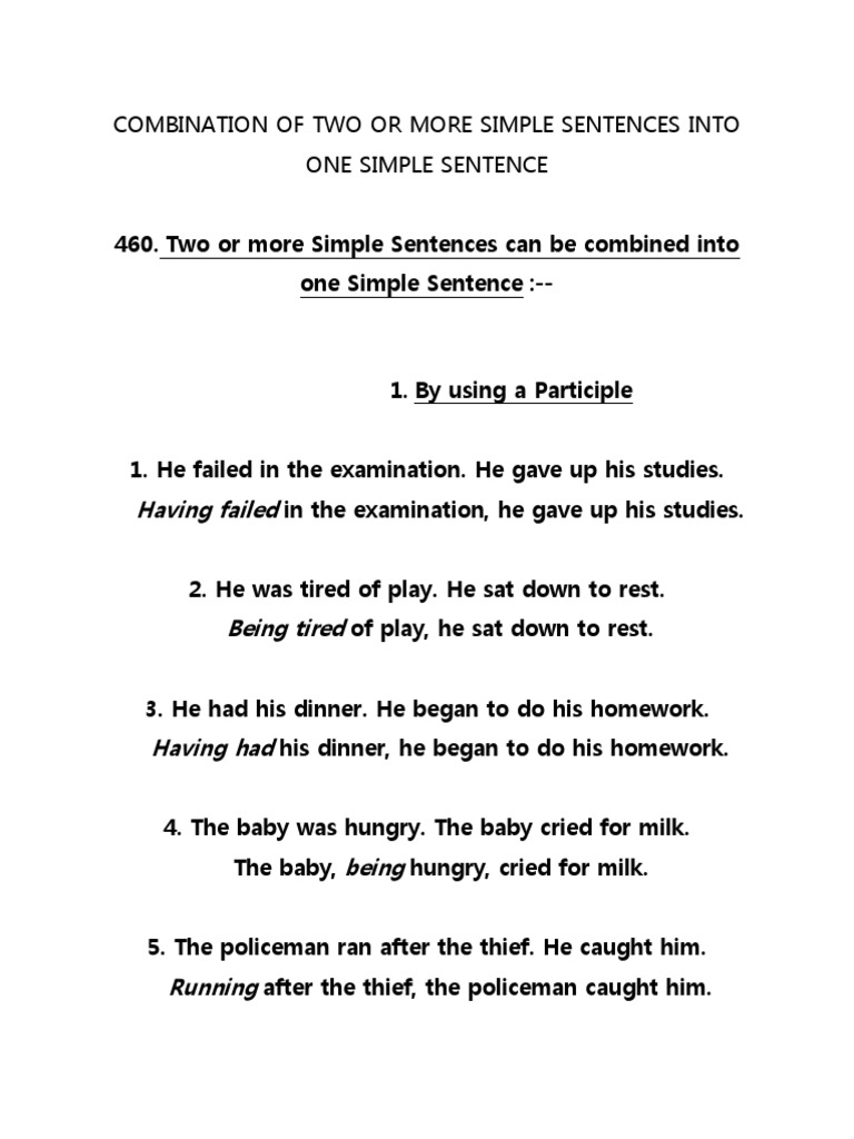 Combination of Two or More Simple Sentences Into One Simple Sentence | PDF