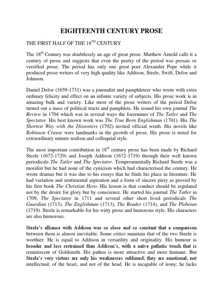 Eighteenth Century Prose Overview | PDF | Classics | General Fiction