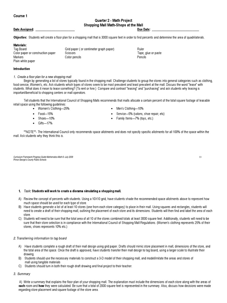 Course 1 Quarter 2 - Math Project | PDF | Shopping Mall | Curriculum