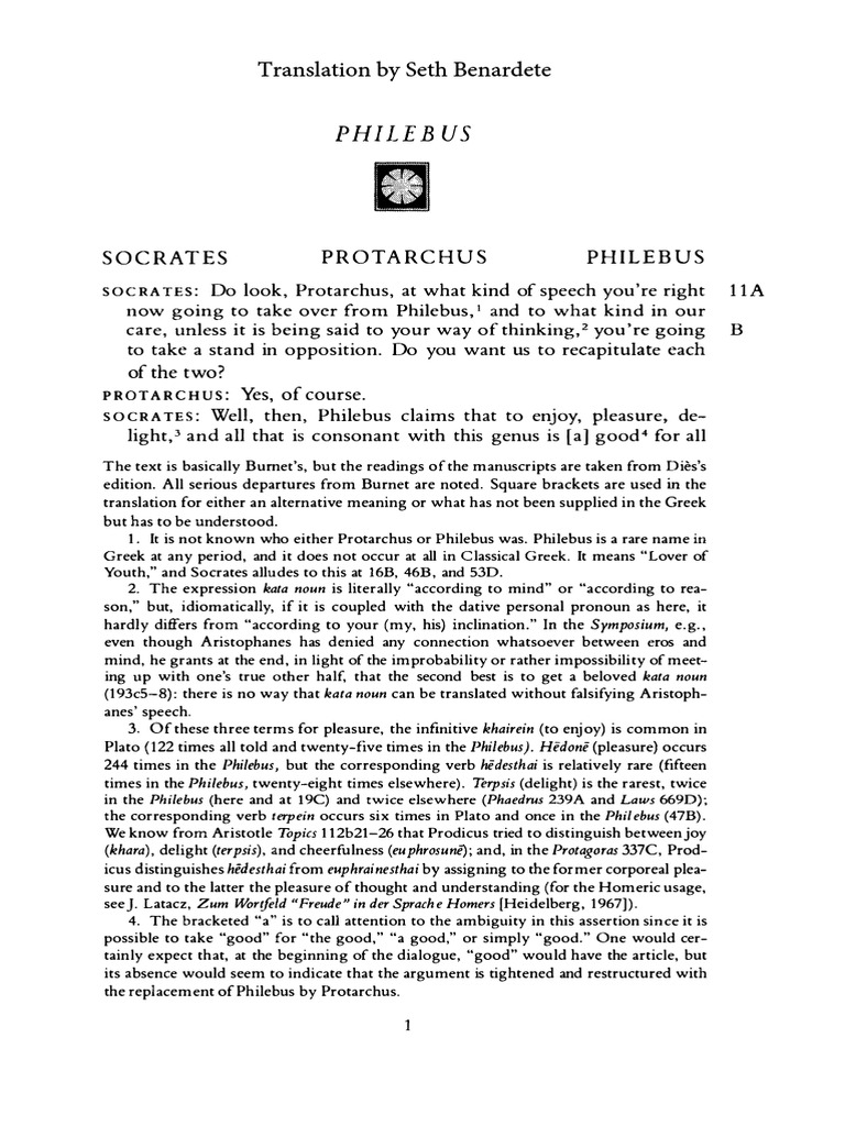 Plato Philebus Literal Translation by Seth Benardete | PDF | Plato ...