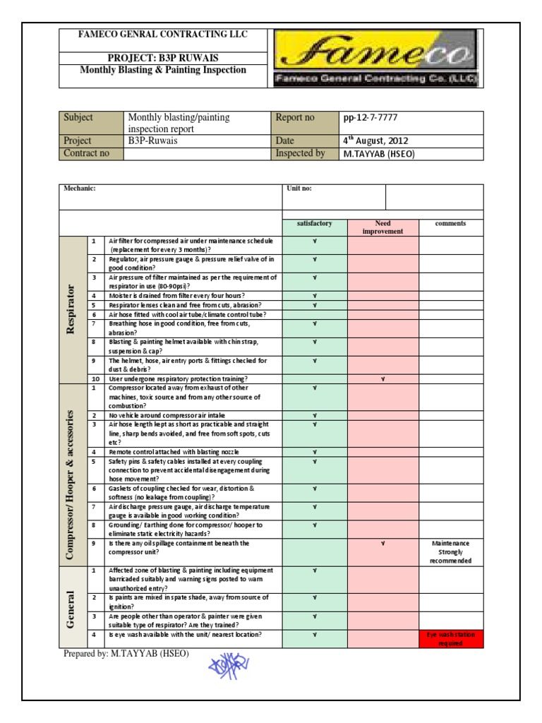 Monthly Blasting and Painting Inspection Report | PDF