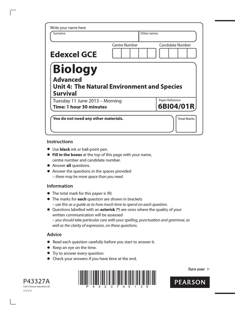 Edexcel GCE Biology Unit-4 (R) June 2013 Question Paper | PDF ...