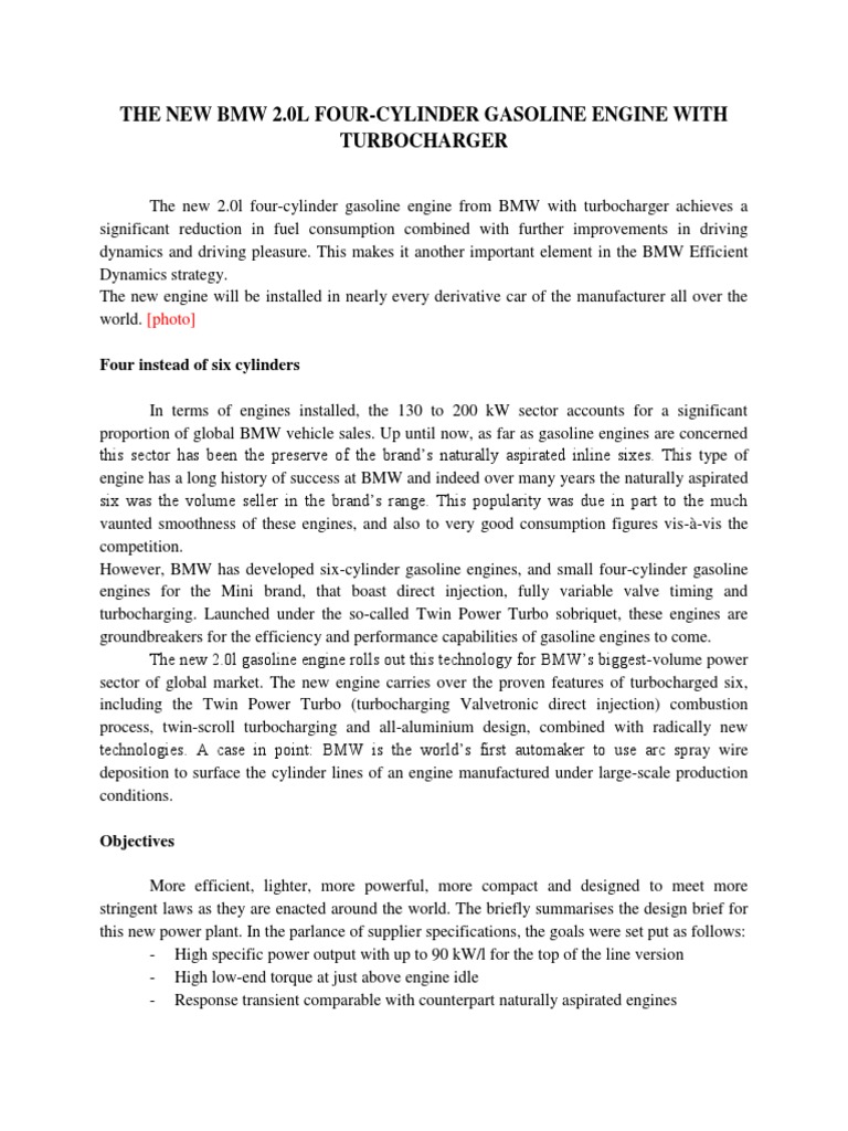 The New BMW 2.0 L Four Cylinder Gasoline Engine With Turbocharger | PDF ...