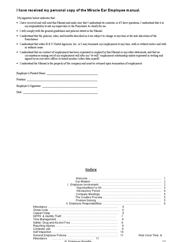 Miracle Ear Employee Manual Acknowledgment | PDF