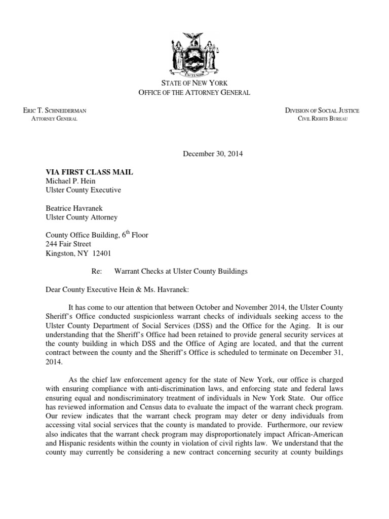NY Attorney General Letter Re UC Warrant Checks | PDF | Supplemental ...