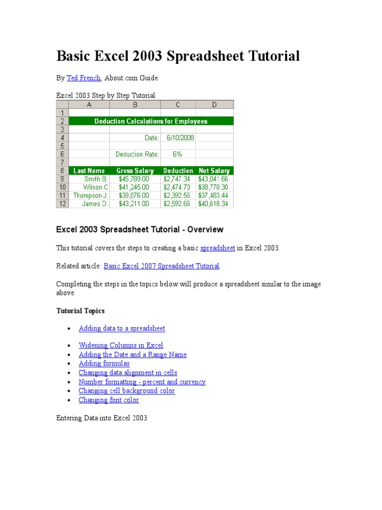 Basic Excel 2003 Spreadsheet Tutorial | PDF | Microsoft Excel | Spreadsheet