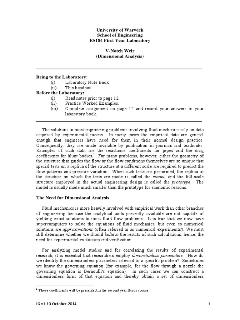 V-Notch Weir (Dimensional Analysis) Briefing Sheet | PDF | Drag ...
