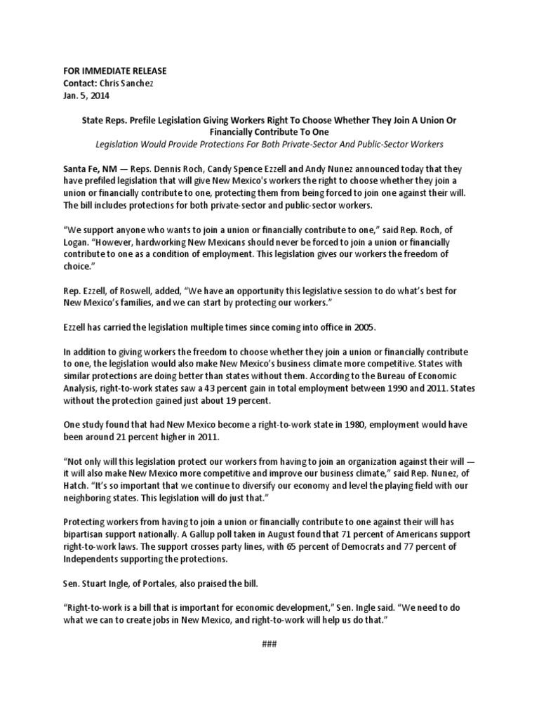RTW Press Release | PDF | Right To Work Law | New Mexico