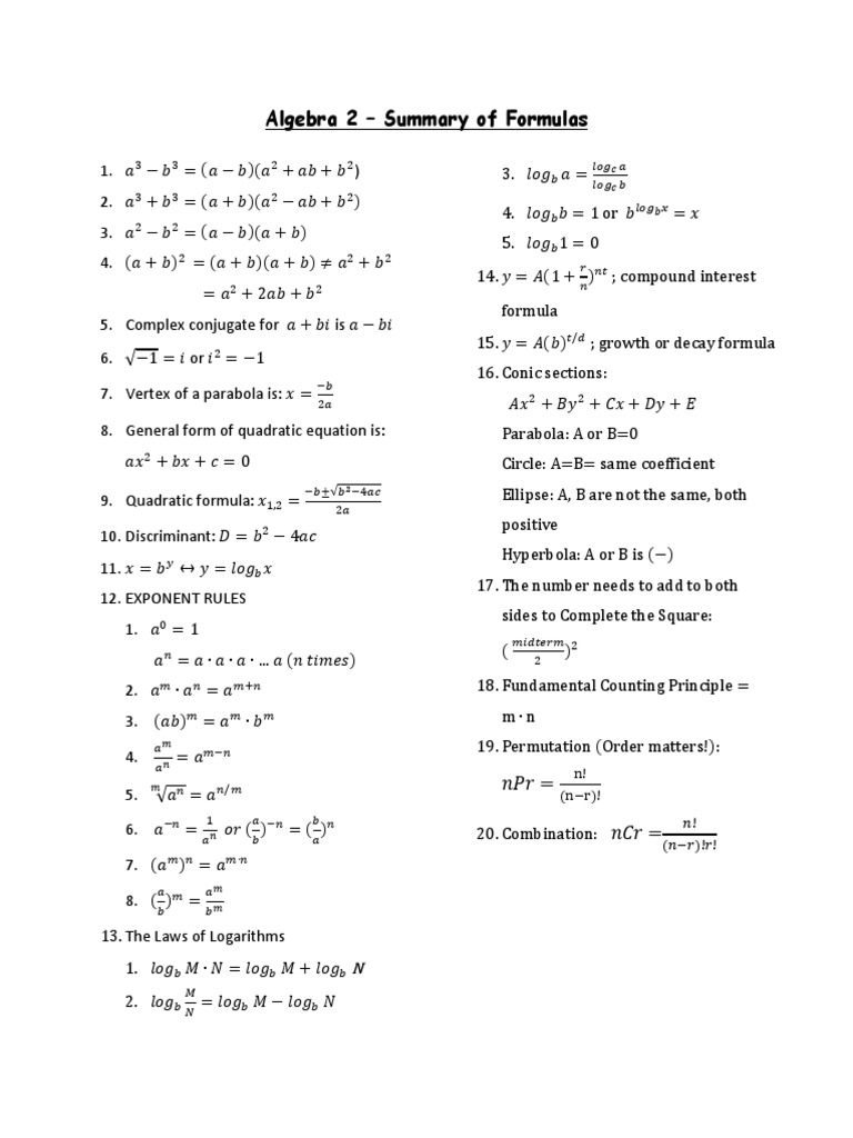 Algebra 2 Formula Summary Guide | PDF
