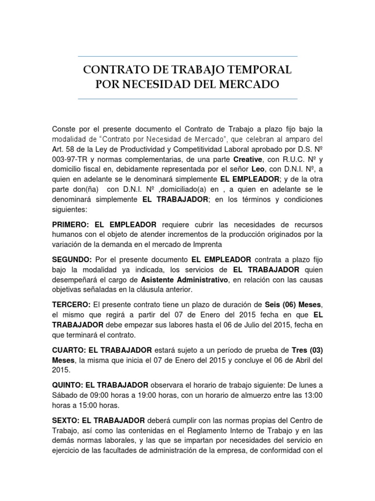 Contrato de Trabajo Temporal Por Necesidad Del Mercado | Derecho ...