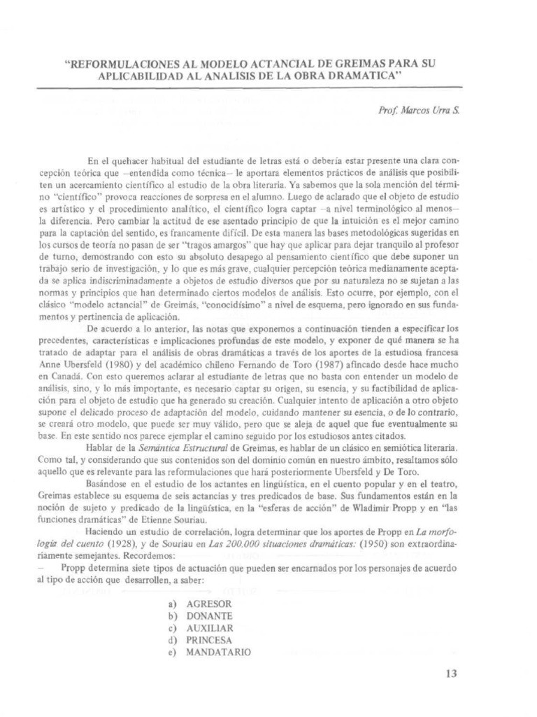 Reformulaciones Del Modelo Actancial de Greimas, Marcos Urra S. | PDF