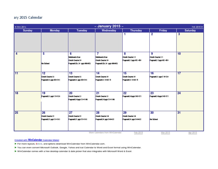 January 2015 Calendar Overview | PDF