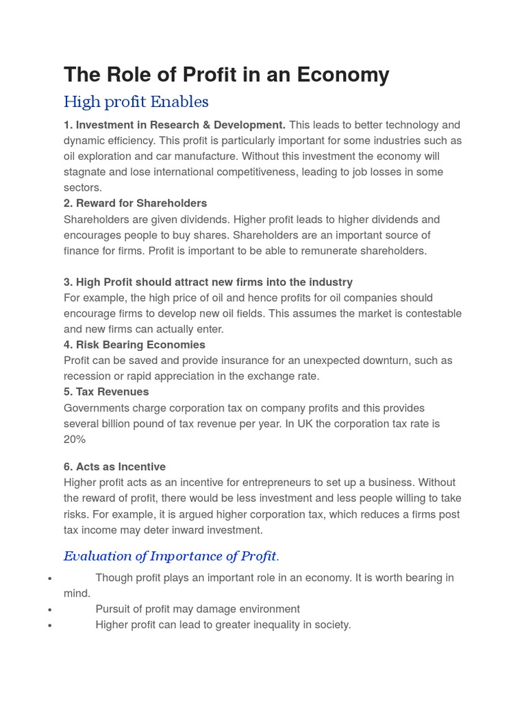 The Role of Profit in An Economy | PDF