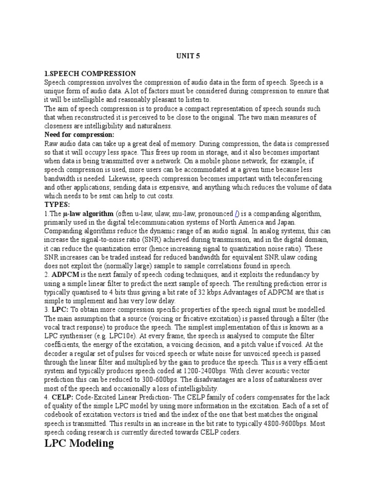LPC Modeling: Unit 5 1.speech Compression | PDF | Data Compression | Sampling (Signal Processing)