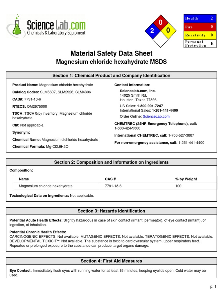 MSDS MgCl2 | Toxicity | Biodegradation