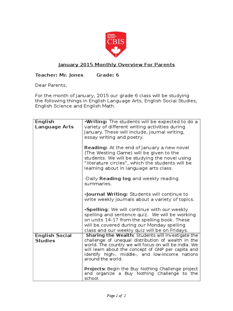 January 2015 Grade 6 Overview for Parents | PDF | Atoms | English Language