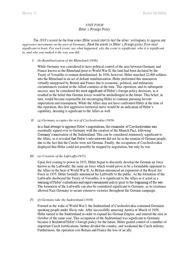 Unit 4 - Hitlers Foreign Policy | PDF | Nazi Germany | Adolf Hitler
