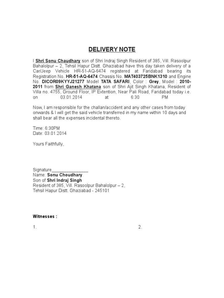 Delivery Note: 2011 From Shri Ganesh Khatana Son of Shri Ajit Singh ...