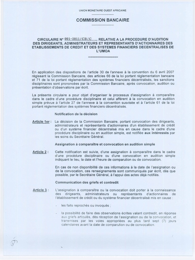 Circulaire - 0010001 BCEAO | PDF