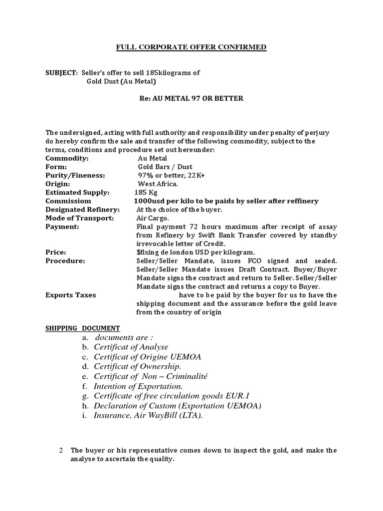 Full Corporate Offer for Gold Sale | PDF | Letter Of Credit | Sales