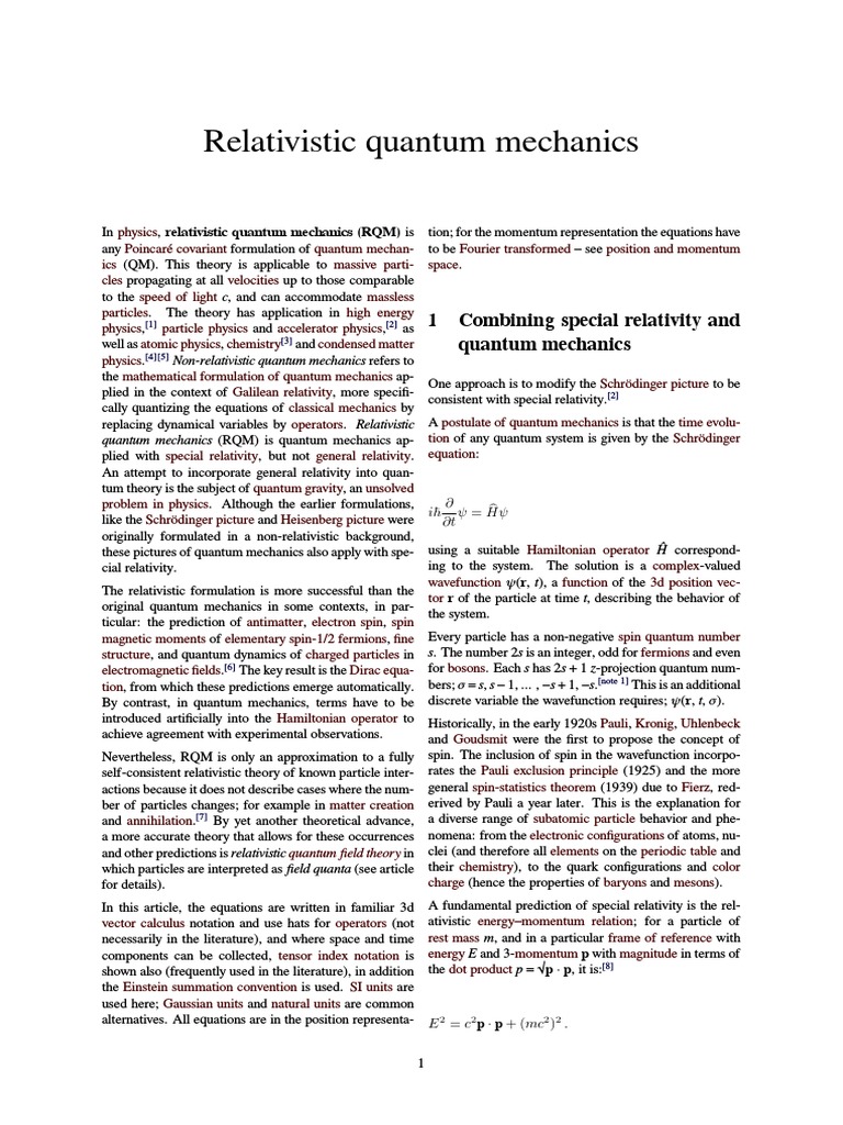 Relativistic Quantum Mechanics Overview | PDF | Spin (Physics ...