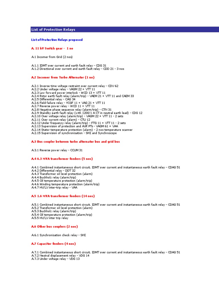 List of Protective Relays.doc | Relay | Transformer