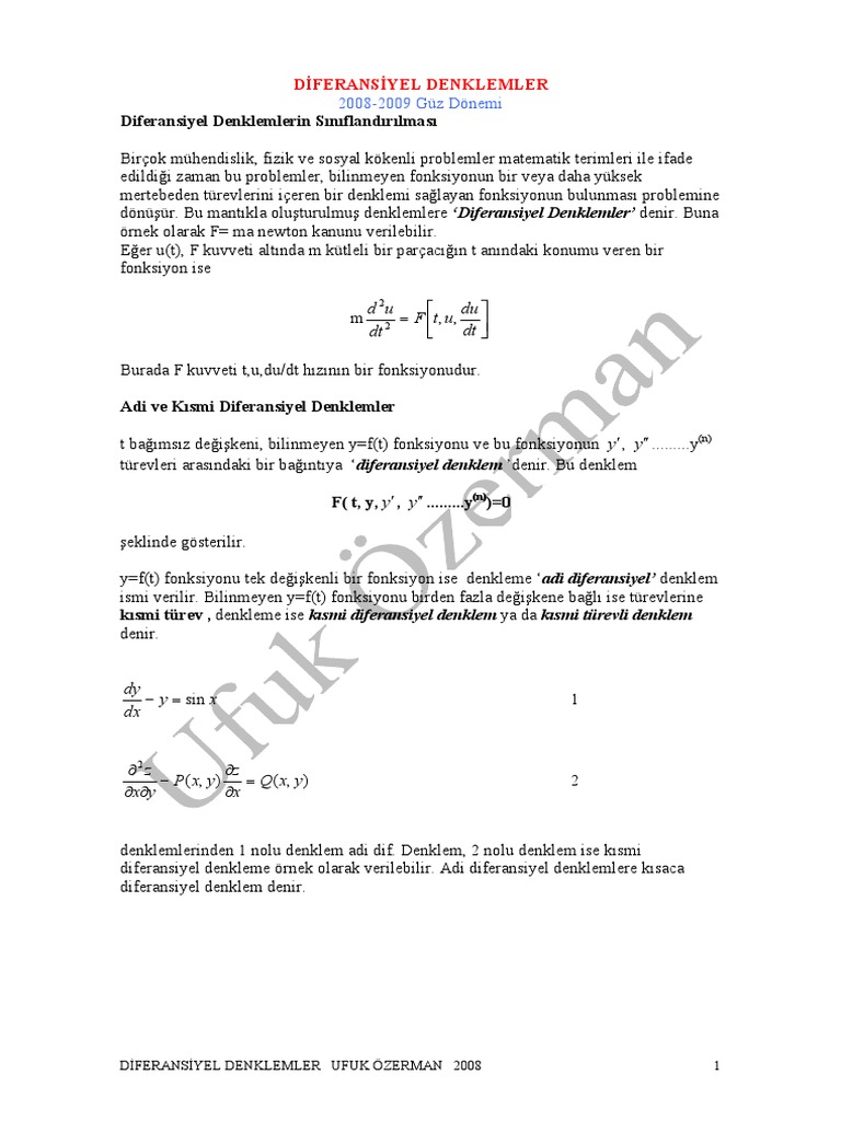 Diferansiyel Denklemler - Ufuk Özerman Ders Notları | PDF