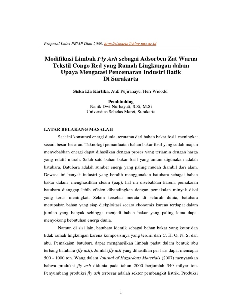Modifikasi Limbah Fly Ash Sebagai Adsorben Zat Warna Tekstil Congo Red Yang Ramah Lingkungan ...