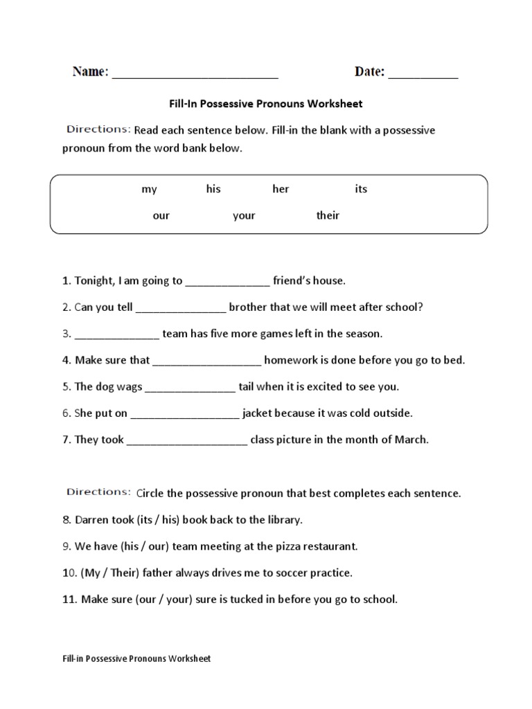 Fill in Possessive Pronouns 2 | PDF