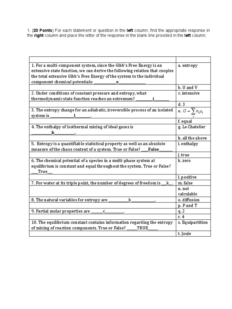 Physical Chemistry Exam | PDF | Entropy | Enthalpy