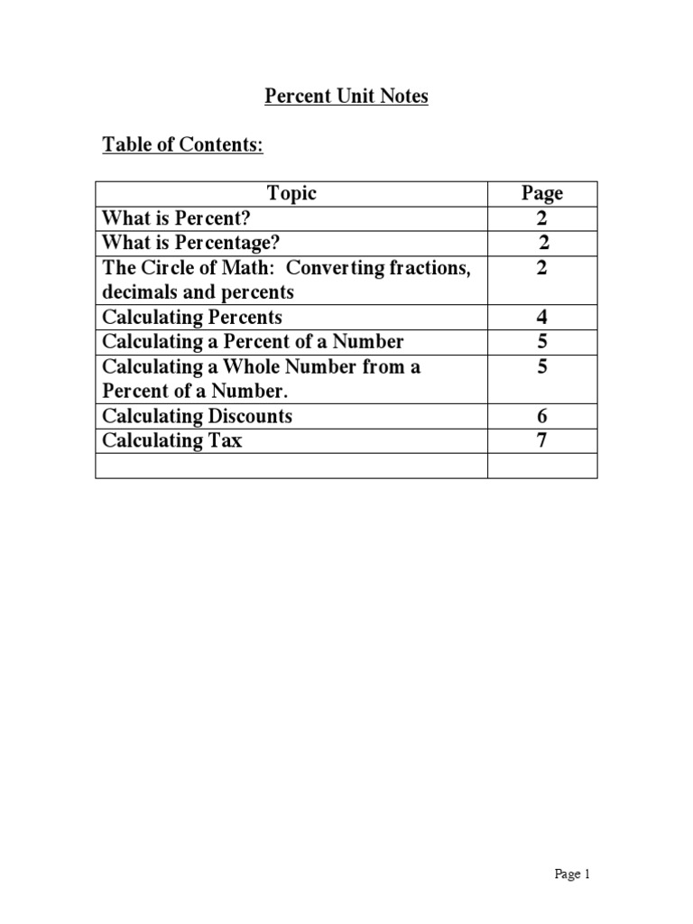 Percent Unit Notes | PDF | Fraction (Mathematics) | Percentage