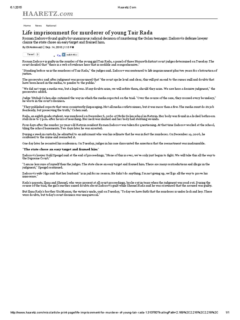2010-09-14 Life Imprisonment For Murderer of Young Tair Rada - Haaretz ...