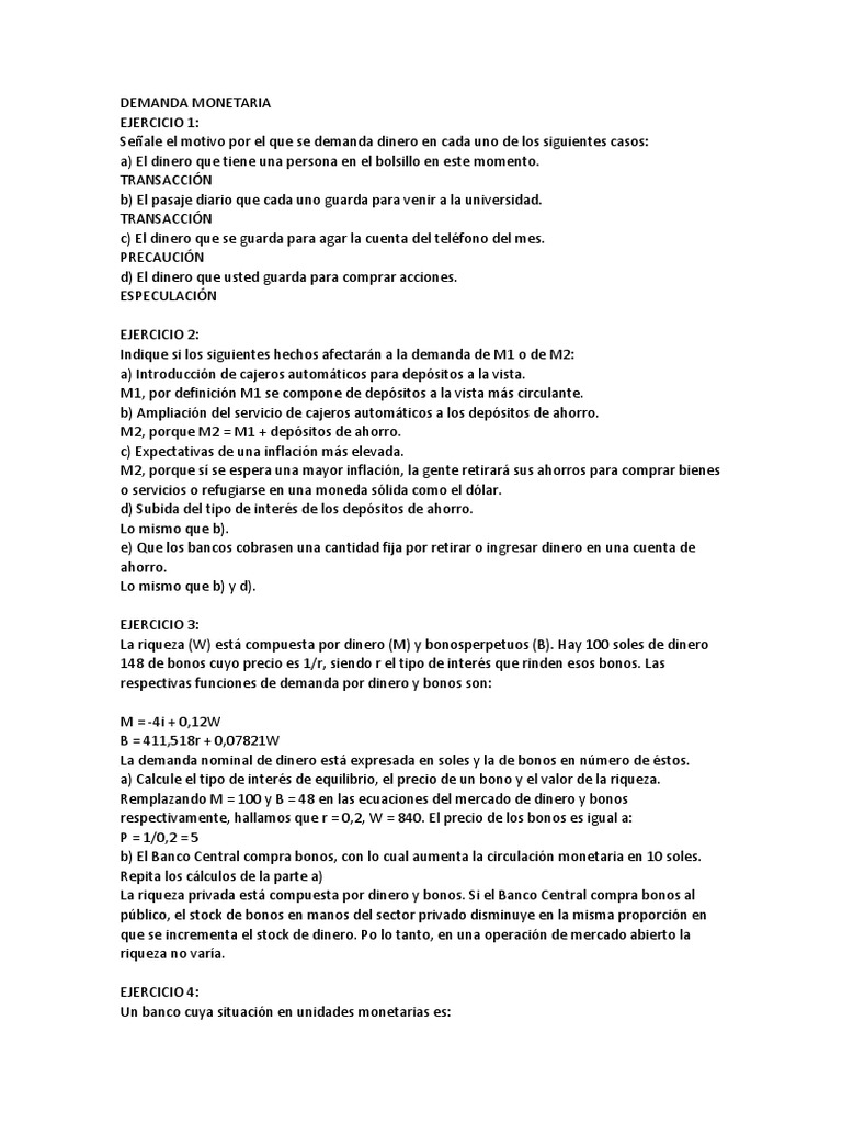 DEMANDA MONETARIA Ejercicios | PDF | Tasas de interés | Base monetaria