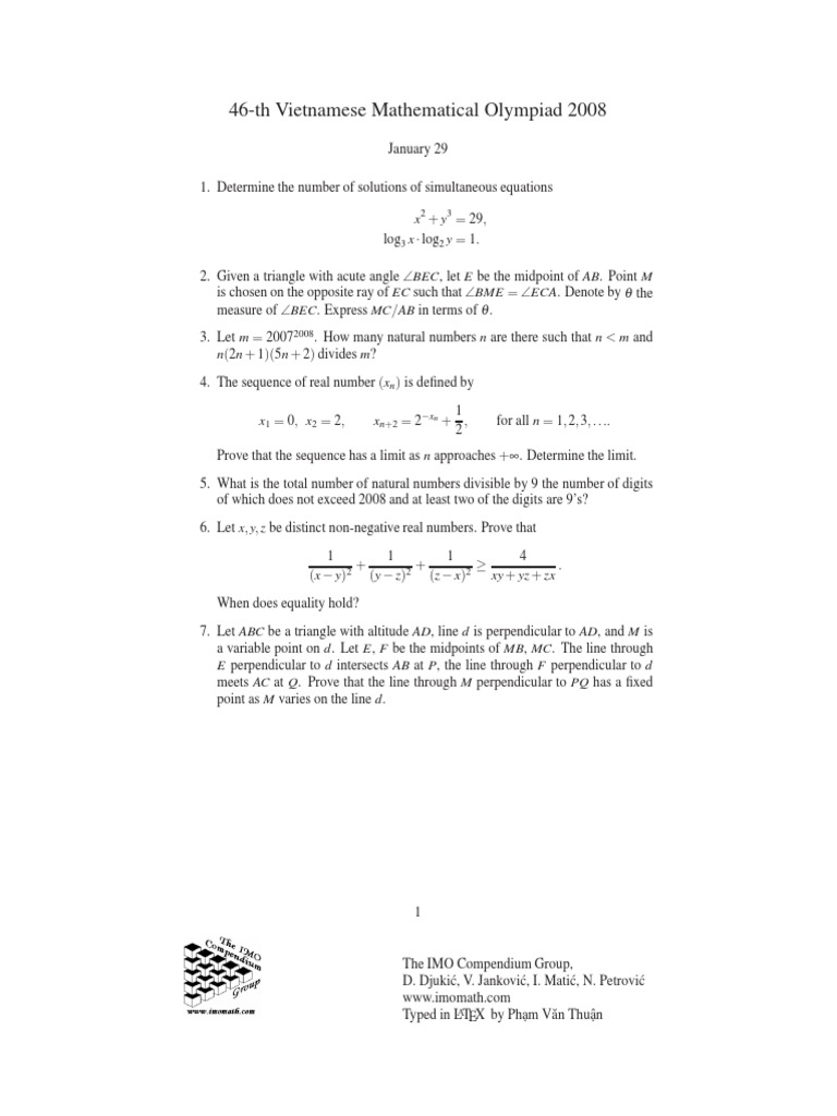 46-th Vietnamese Mathematical Olympiad 2008: X X Log y | PDF