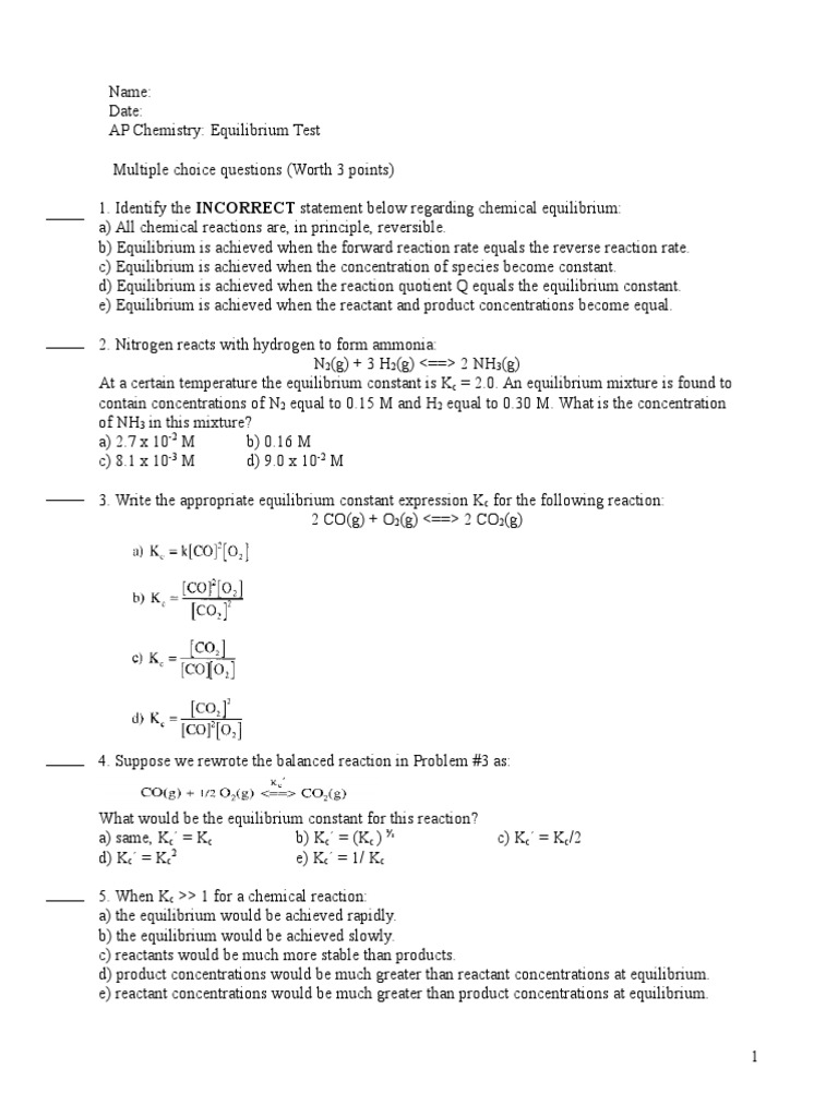 Equilbriumtest | PDF | Chemical Equilibrium | Reaction Rate