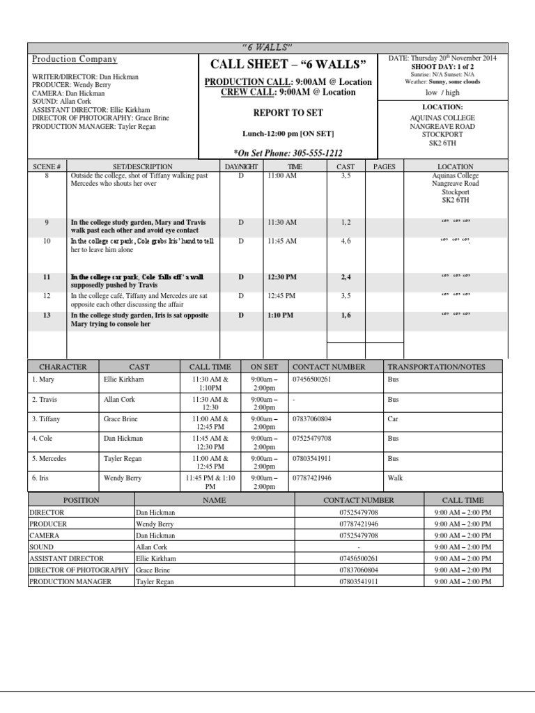 6 Walls Call Sheet 2 | PDF