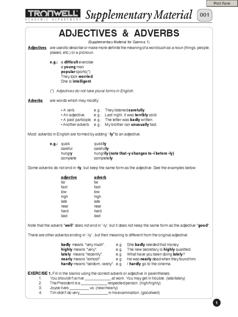 Supplementary Material: Adjectives & Adverbs | PDF